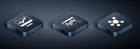 Set Isometric Monitor With Graph Chart Project Team Base And Browser Stocks Market Icon Vector