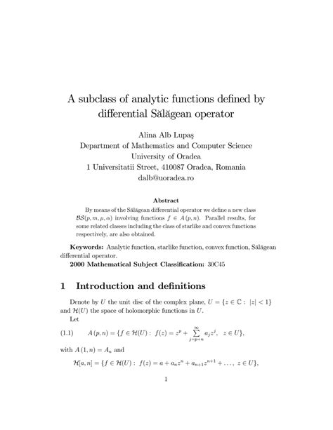 Pdf A Subclass Of Analytic Functions Defined By Differential Sălăgean Operator