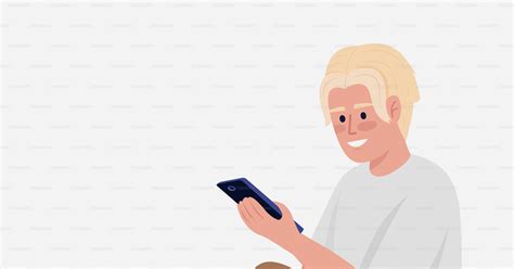 스마트폰 세미 플랫 컬러 벡터 캐릭터를 가진 젊은 남자 모바일 연결 편집 가능한 그림입니다 흰색에 전신 사람 웹 그래픽 디자인 및 애니메이션을 위한 간단한 만화