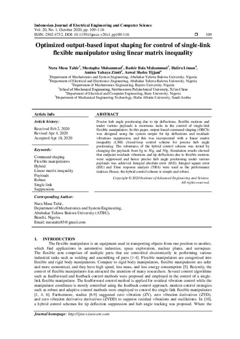 Pdf Optimized Output Based Input Shaping For Control Of Single Link Flexible Manipulator Using