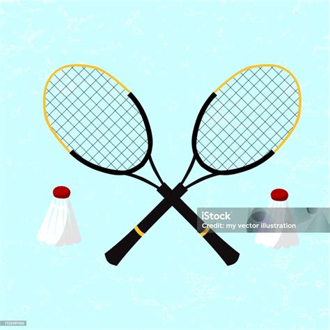 배드민턴 라켓과 셔틀 콕 벡터 일러스트 레이 션에 밝은 파란색 질감 배경입니다 스포츠 피트 니스 활동 벡터 디자인입니다