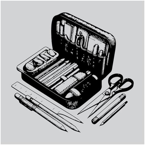 Premium Vector Pencil Case Wireframe With Office Supplies From Black Lines Isolated On White