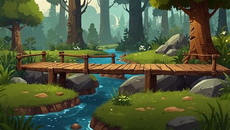 2d Game Scene With Grassy Terrain And Wooden Bridges For Platformers 2d