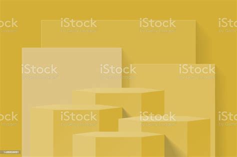 스튜디오 룸에 있는 추상적인 금색 3d 배경 직사각형 정사각형 기하학적 모양 배경이 있는 현실적인 3d 육각형 연단 스탠드 모형 또는 제품 진열대를 위해 최소한의 벽