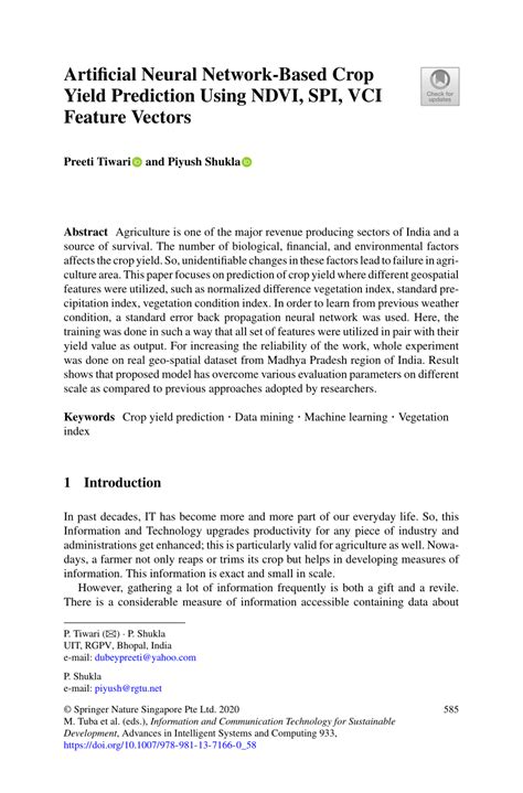 Pdf Artificial Neural Network Based Crop Yield Prediction Using Ndvi Spi Vci Feature Vectors
