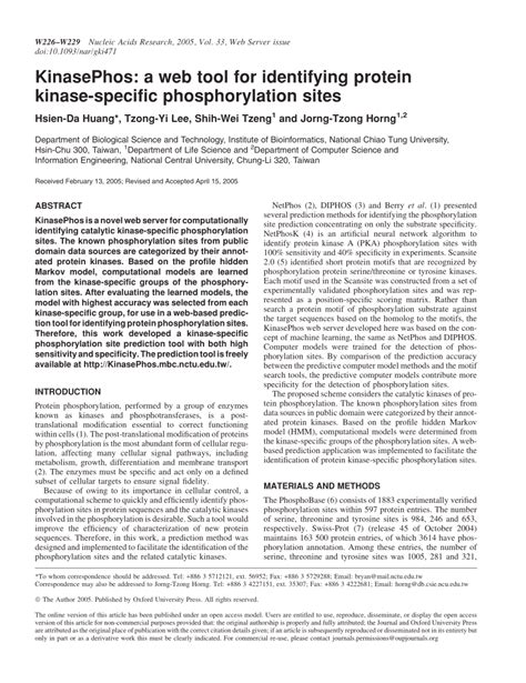 Pdf Kinasephos A Web Tool For Identifying Protein Kinase Specific Phosphorylation Sites
