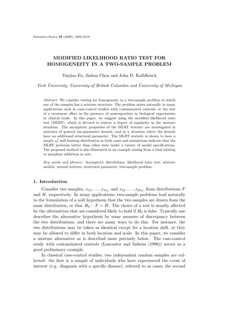 Pdf Modified Likelihood Ratio Test For Homogeneity In A Two Sample Problem