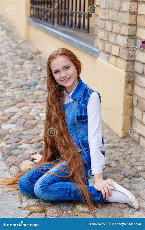 Beautiful Redhead Girl With Long Hair Up To Knees Stock Image Image