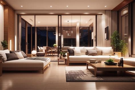 Premium Ai Image Modern House Interior Night Evening Lighting 3d