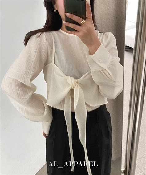 Best🔥뷔스티에 세트 노카라 셔링 퍼프 크롭 리본 시스루 블라우스 여름 하객룩 꾸안꾸 에이블리