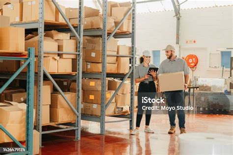 창고 관리자 디지털 태블릿 물류 및 운송 상자 배달 노동자 도매 공장 유통 창고 및 산업 온라인 재고 택배 패키지 및 수출