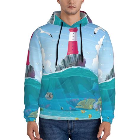 Kdxio Lighthouse Sea Port Print Mens Casual Hooded Collar Drawstring