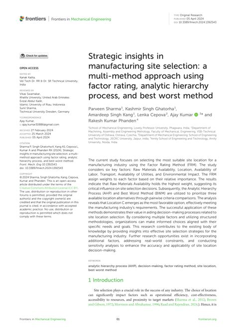 Pdf Strategic Insights In Manufacturing Site Selection A Multi Method Approach Using Factor