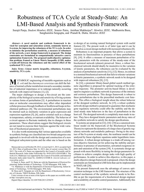 Pdf Robustness Of Tca Cycle At Steady State An Lmi Based Analysis And Synthesis Framework