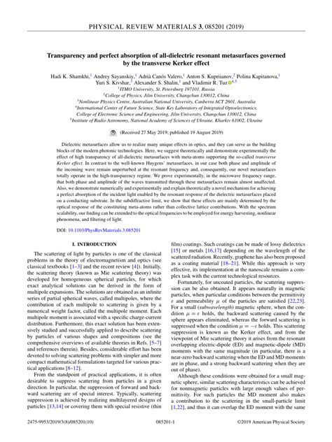 Pdf Transparency And Perfect Absorption Of All Dielectric Resonant