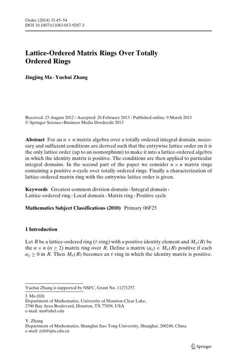 Pdf Lattice Ordered Matrix Rings Over Totally Ordered Rings