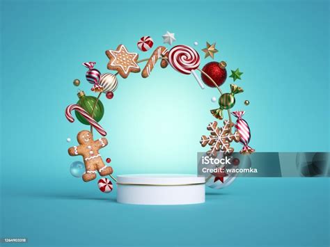 3d 렌더 크리스마스 쇼케이스 모형 빈 연단 무대 또는 빈 받침대 진저 브레드 쿠키 공 장식품 파란색 배경에 고립 된 사탕으로 장식 된 둥근 프레임 3차원 형태에 대한 스톡
