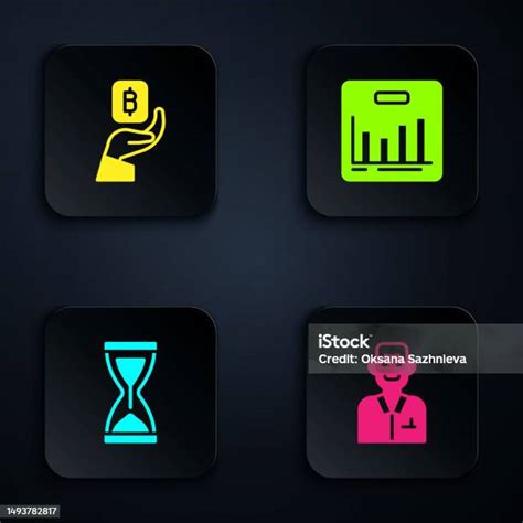 트레이더를 설정하고 비트코인을 들고 있는 손 오래된 모래시계 및 파이 차트 인포그래픽을 설정합니다 검은색 사각형 버튼입니다 벡터 개념에 대한 스톡 벡터 아트 및 기타 이미지