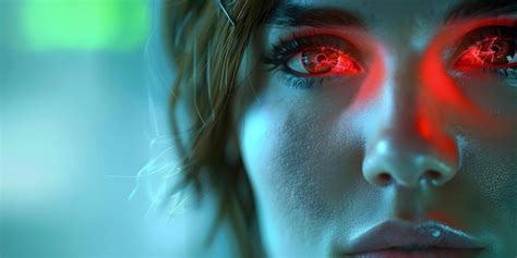 closeup photo of mature android with red eye concept closeup portrait