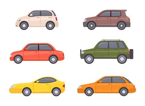 측면의 평면 자동차 세단 컬렉션 보기 프리미엄 벡터