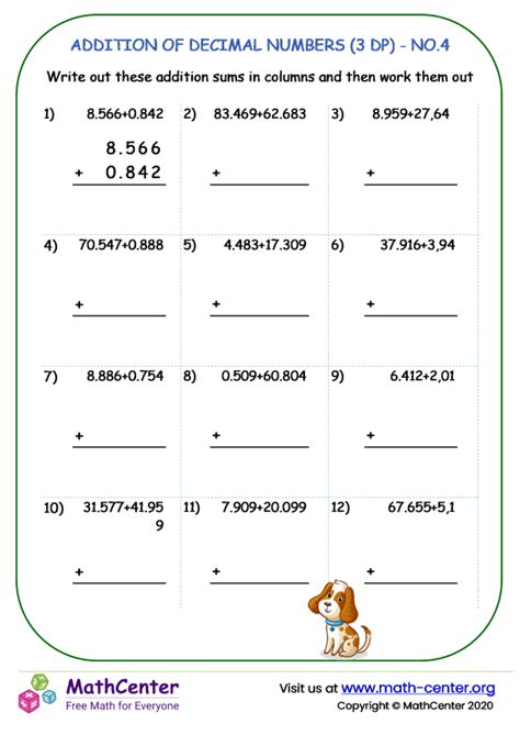 Fourth Grade Worksheets Adding Decimals Math Center