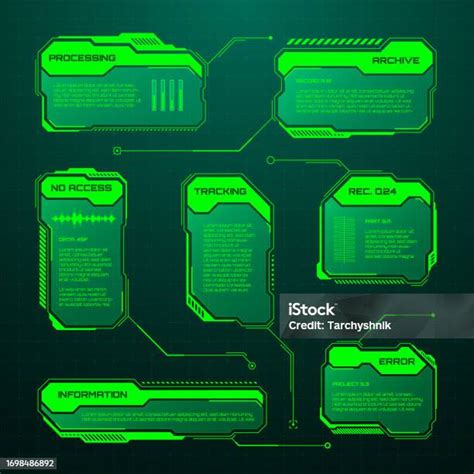 녹색 미래 지향적 Hud Ui 요소 공상 과학 사용자 인터페이스 텍스트 상자 설명선 경고 메시지 프레임 정보 상자 템플릿입니다