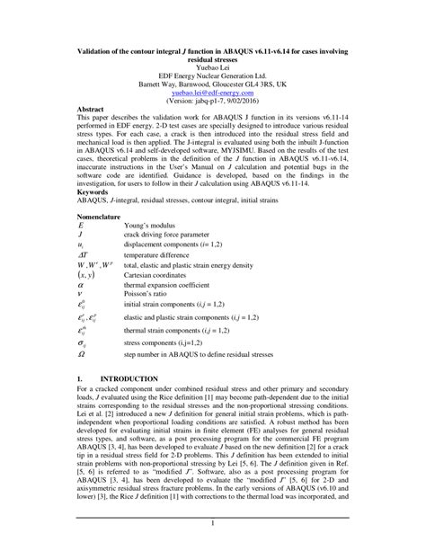 PDF Validation Of The Contour Integral J Function In ABAQUS V V For Cases Involving