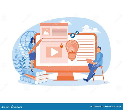 Women Write Articles Man With A Laptop Creating Content With Creative Ideas Stock Vector