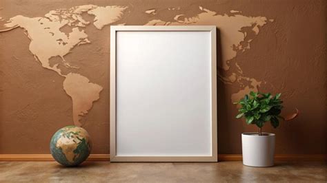 A Framed Map Of The World On A Wall With A Globe On It Premium Ai