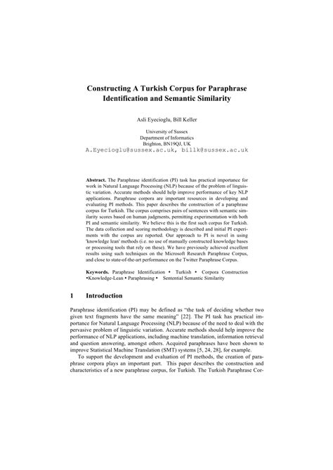 Pdf Constructing A Turkish Corpus For Paraphrase Identification And