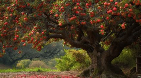 Colorful Tree With Red Apples In A Red Grove Background Apple Tree