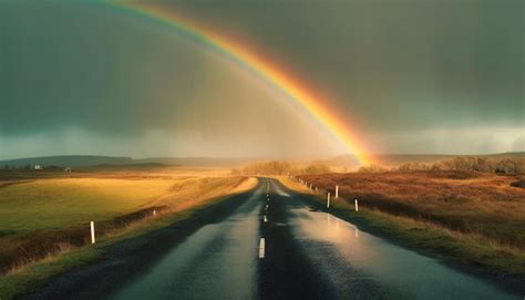 Premium Photo A Rainbow Spans Across The Road As It Is Raining