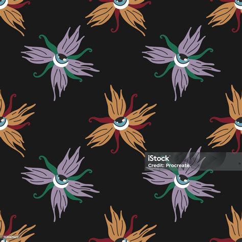 사악한 꽃 눈 원활한 패턴 인쇄 손으로 그린 불길한 꽃 자유형 그리기 스타일 현대 현대 트렌디 할로윈 휴일 벡터 일러스트레이션 Drug에 대한 스톡 벡터 아트 및 기타