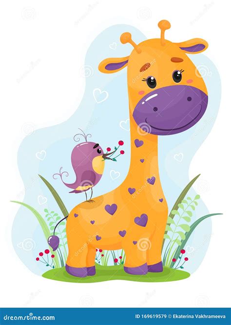 Cute And Bright Giraffe With A Bird Vector Illustration In Cartoon