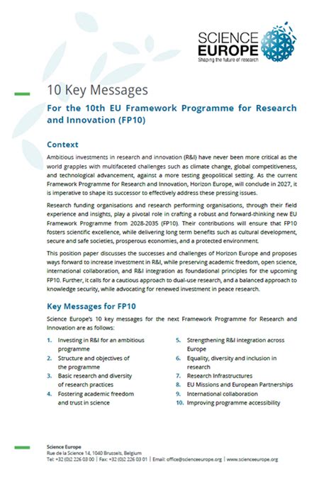 10 Key Messages For The 10th Eu Framework Programme For Research And