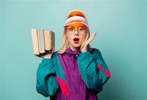 Premium Photo Style Blonde Woman In 90s Sport Suit With Books