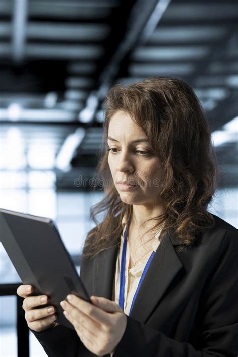 Woman In Data Center Operating Tablet Analyzing Metrics Stock Image Image Of Metrics Units