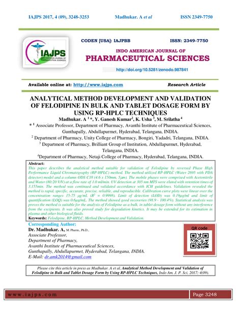 Pdf Analytical Method Development And Validation Of Felodipine In Bulk And Tablet Dosage Form