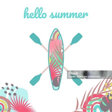 보헤미안 여름 휴가와 해변에서의 수상 스포츠 현대적인 글자가 새겨진 카드는 안녕하세요 여름입니다 배너 포스터 전단지를 위한 최소한의 라벨 디자인 벡터 그림 건강한 생활방식에
