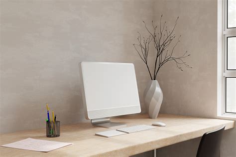 나무 테이블에 데스크톱 컴퓨터 모형이 있는 최소한의 스칸디나비아 작업 공간 3d 렌더링 디자인에 대한 스톡 사진 및 기타 이미지 디자인 사무실 패션 Istock