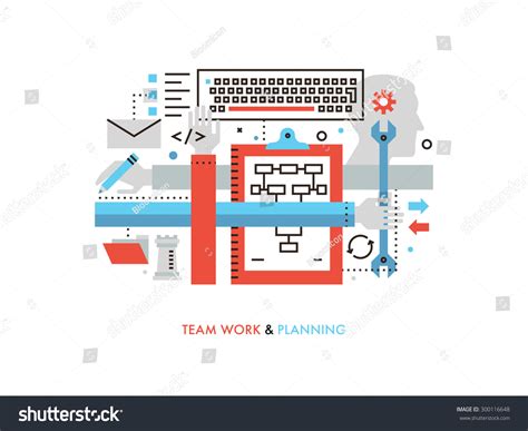 Thin Line Flat Design Teamwork Production เวกเตอร์สต็อก ปลอดค่าลิขสิทธิ์ 300116648