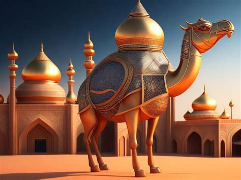 Premium AI Image | A gold camel with a blue and gold design is standing ...