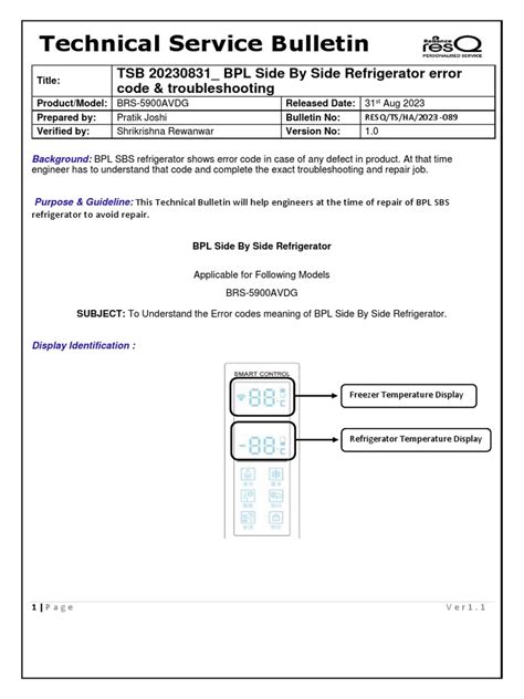 Tsb 20230831 Bpl Side By Side Refrigerator Error Code