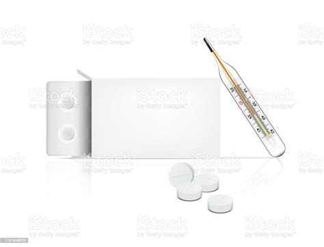발열 검사를위한 상자 포장 및 온도계와 흰색 배경에 현실적인 알약 약을 조롱 병원 도구 디자인 벡터 그림입니다 정제 의료 및 건강 개념 0명에 대한 스톡 벡터 아트 및 기타