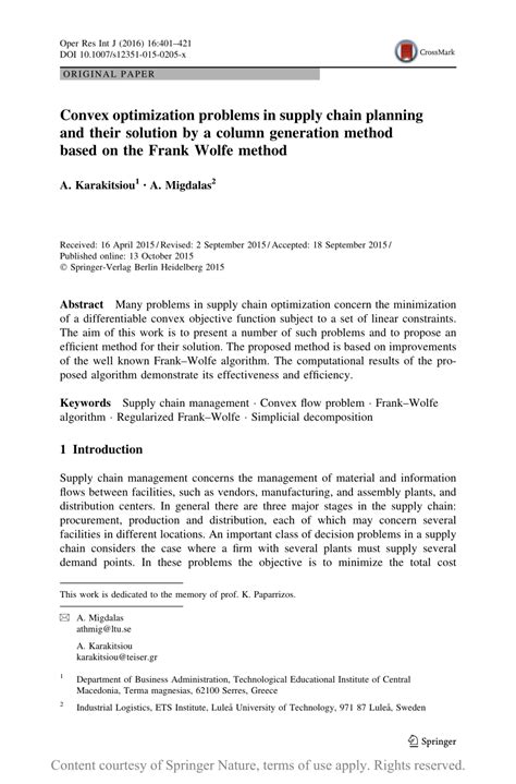 Convex Optimization Problems In Supply Chain Planning And Their Solution By A Column Generation
