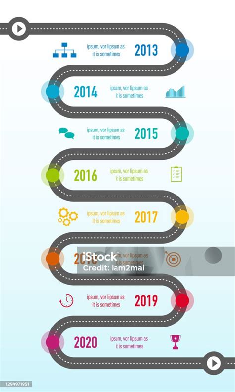 프로젝트 로드맵 타임라인 인포그래픽 8년 요약 기간 이정표 및 성과 인생대사에 대한 스톡 벡터 아트 및 기타 이미지 인생대사