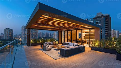 Modern Rooftop Penthouse With Wooden Deck And City View At Dusk