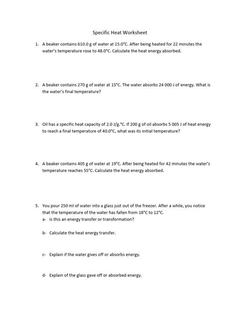 Specific Heat Worksheet Pdf