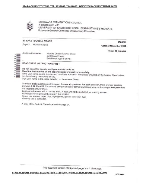 Bgcse Science Double Award Paper 1 2012 Pdf