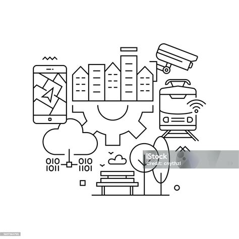 일러스트 레이시 스마트 시티 컨셉의 벡터 세트입니다 웹 페이지 배너 포스터 인쇄 등을 위한 라인 아트 스타일 배경 디자인 벡터 일러스트레이션 Smart City에 대한 스톡